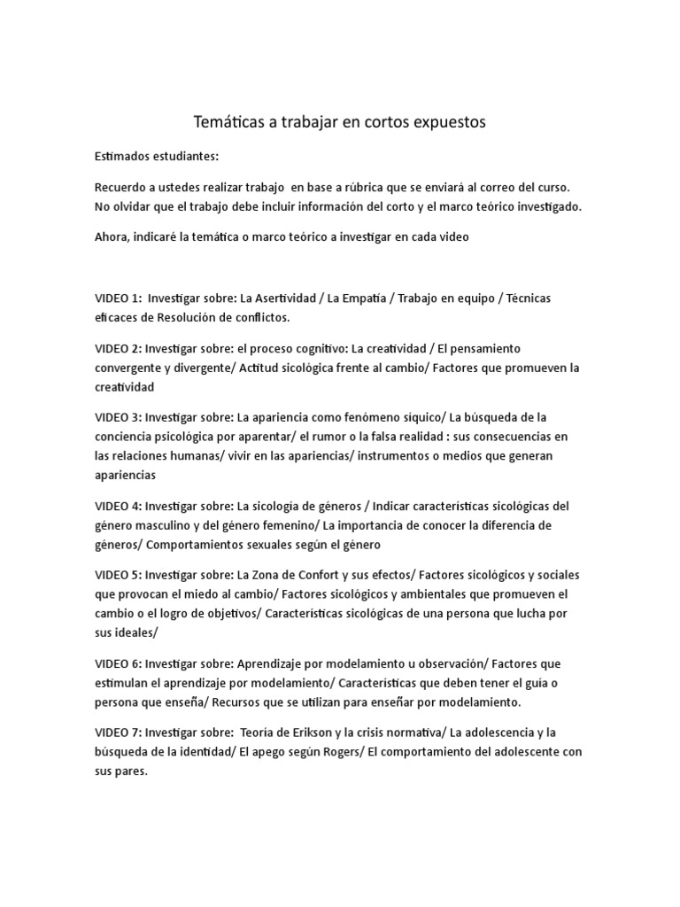 Temáticas A Trabajar en Cortos Expuestos | PDF | Creatividad | Sicología