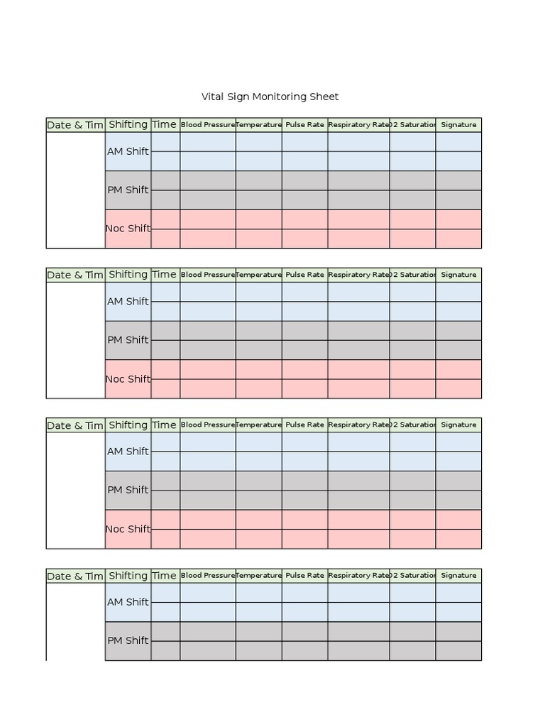 Vital Sign Monitoring Sheet Date & Tim Shifting Time AM Shift | PDF ...