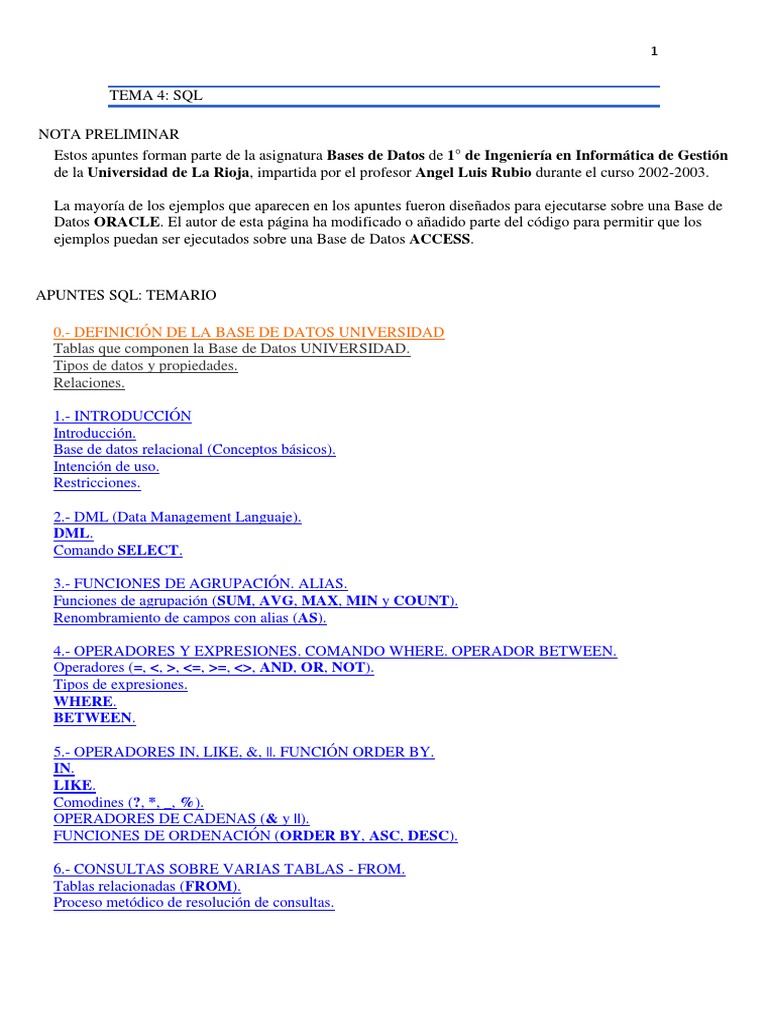 Apuntes de SQL para Bases de Datos | PDF | SQL | Tabla (base de datos)