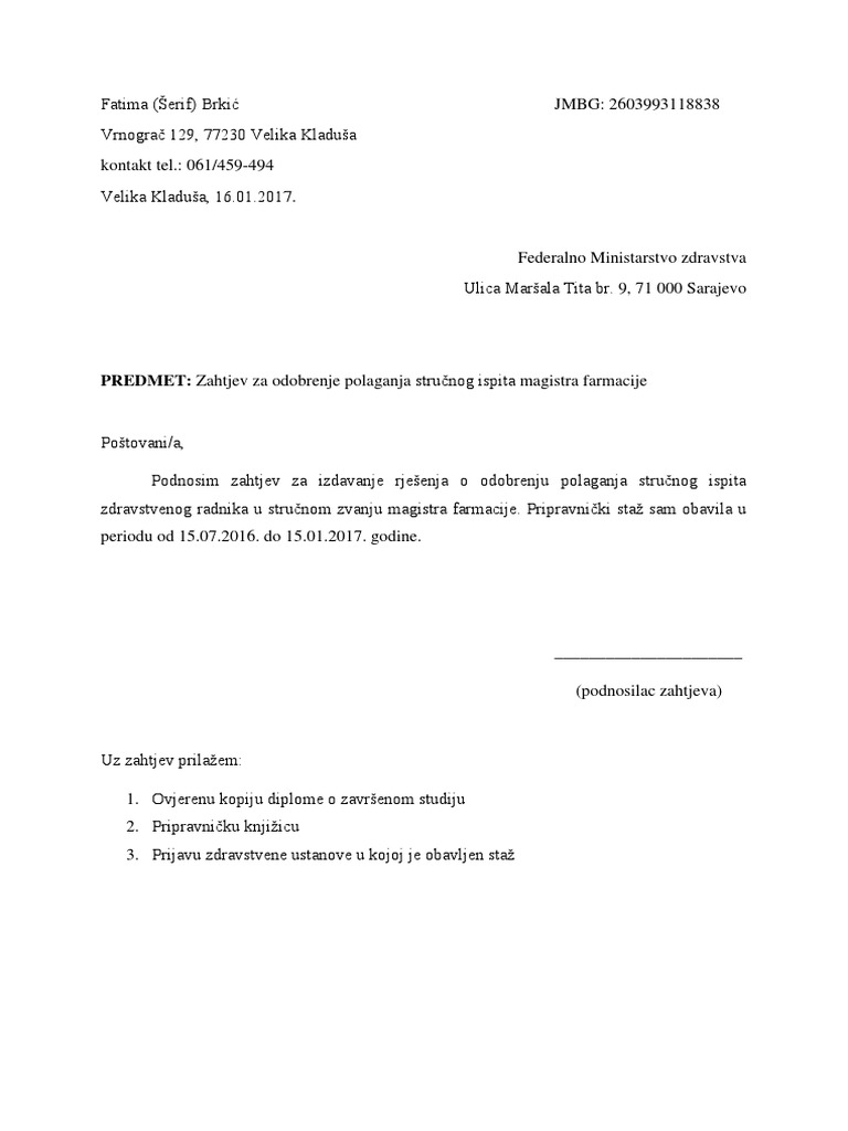 Zahtjev Za Polaganje Ispita - Fatima | PDF