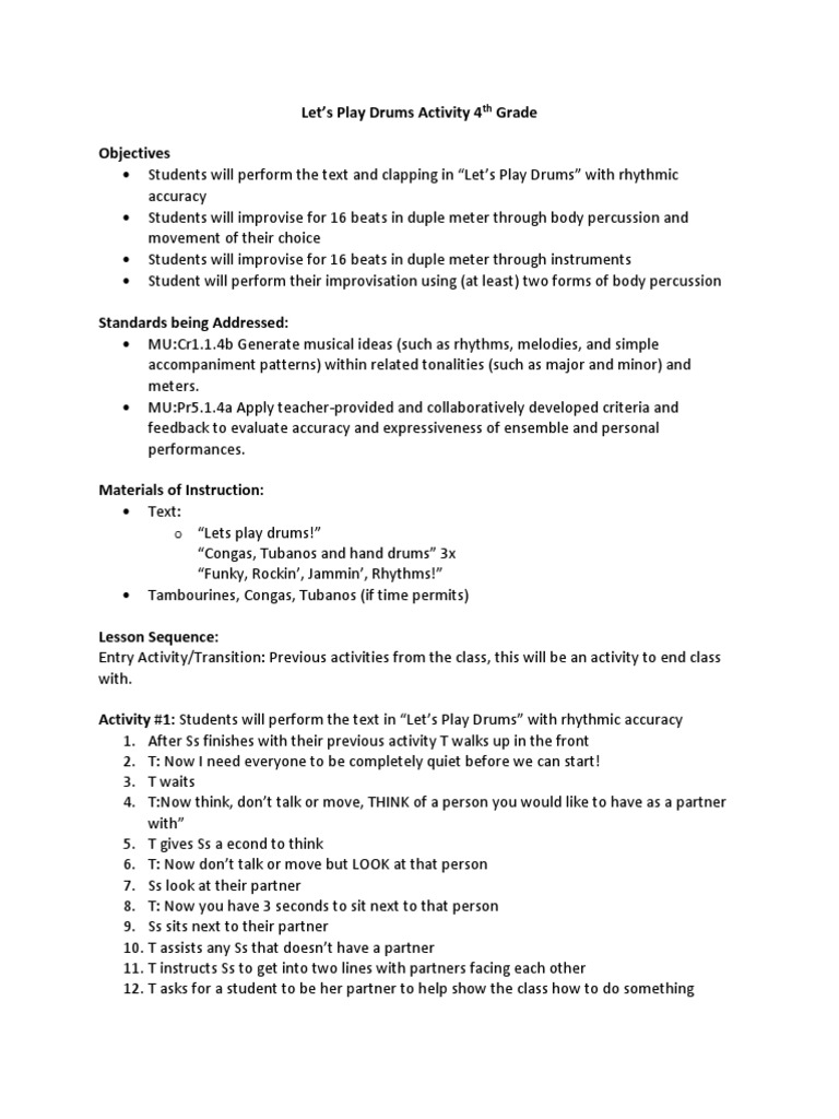 Let's Play Drums Activity 4 Grade Objectives | PDF | Rhythm | Music Theory
