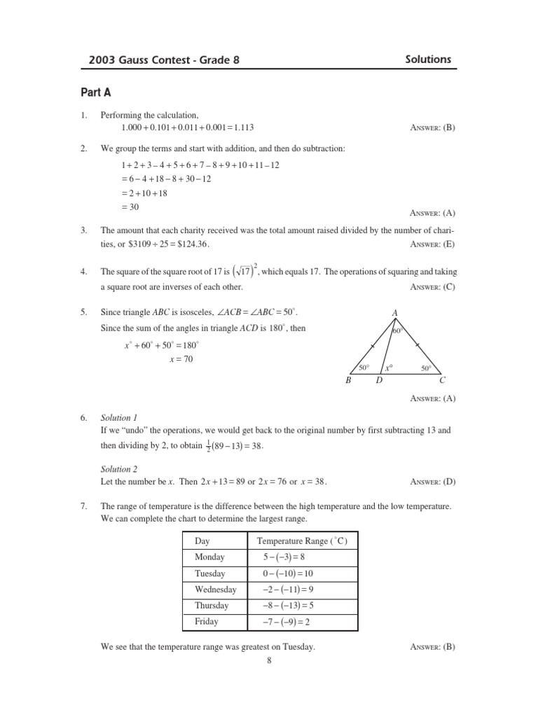 Solutions 2003 Gauss Contest - Grade 8: ACB ABC A | PDF | Nickel ...