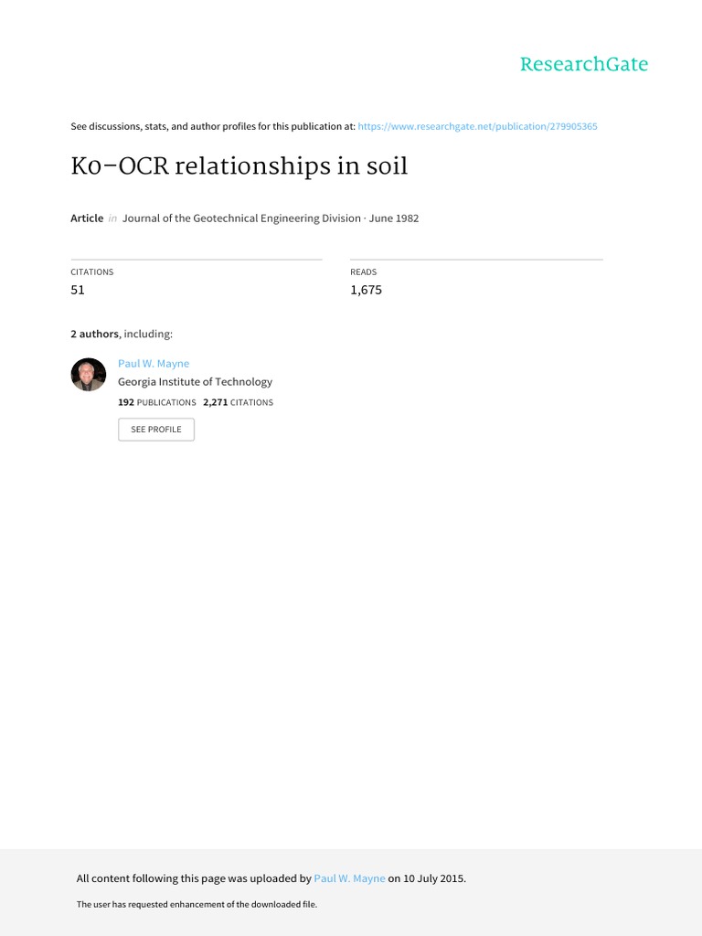 Mayne & Kulhawy 1982a - K0-OCR Relationships in Soil | PDF