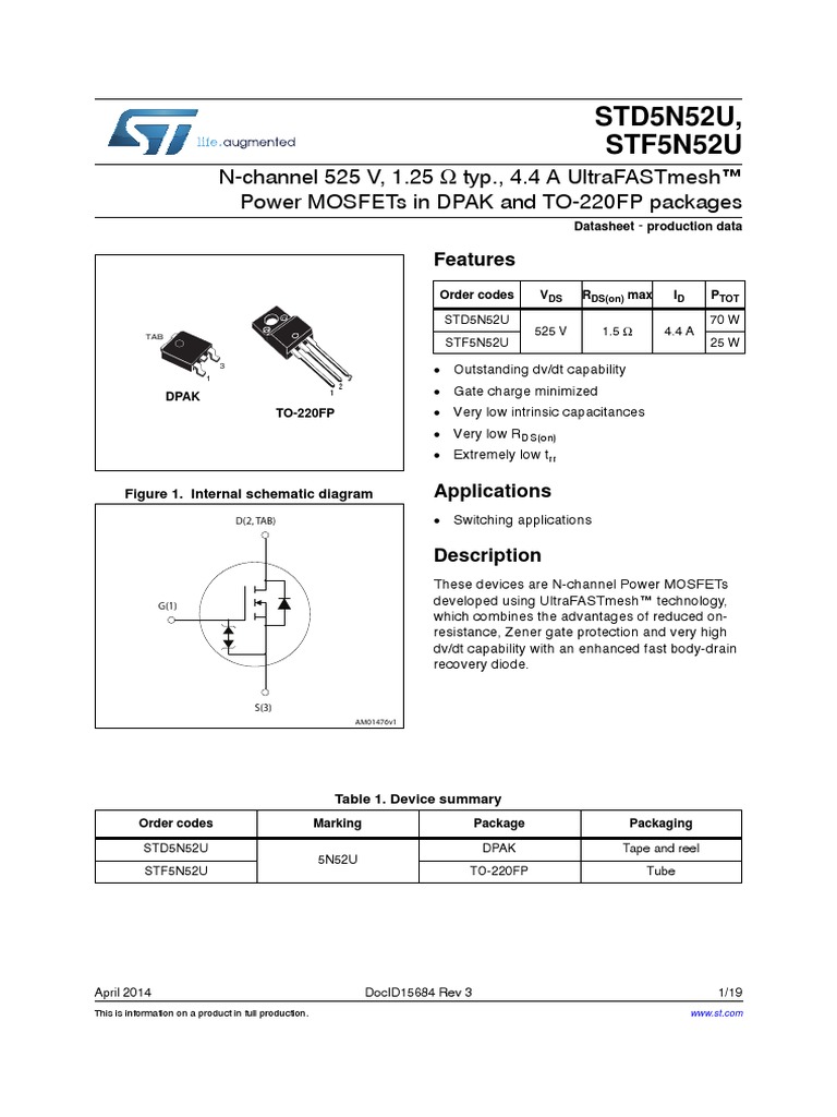 Transistor Power MOSFETs in DPAK 5N52SU | PDF | Mosfet | Diode