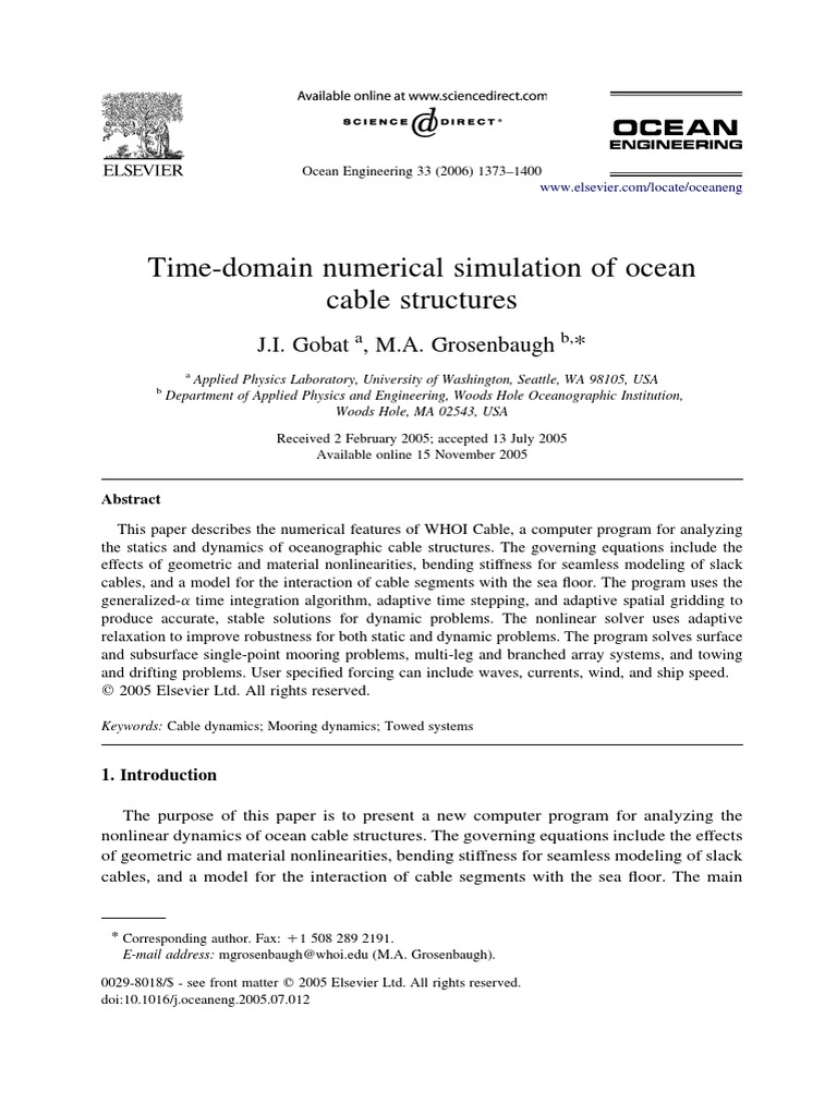 Time Domain Numerical Simulation Of Ocean Cable Structures Pdf