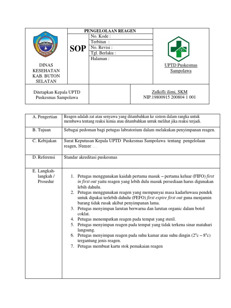 Sop Pengelolaan Reagen | PDF