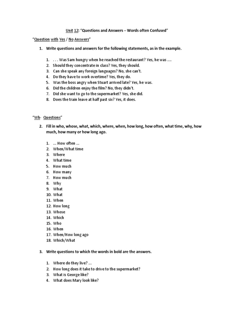 Unit 12 Questions and Answers Words Often Confused (Answer Key) | PDF ...