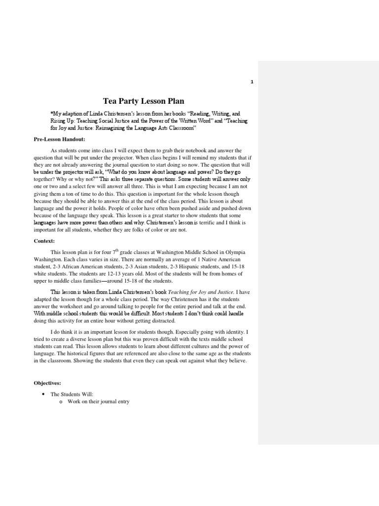 Tea Party Lesson Plan | PDF | Lesson Plan | Worksheet