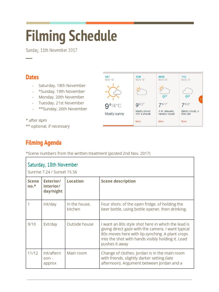 Filming Schedule | PDF | Leisure