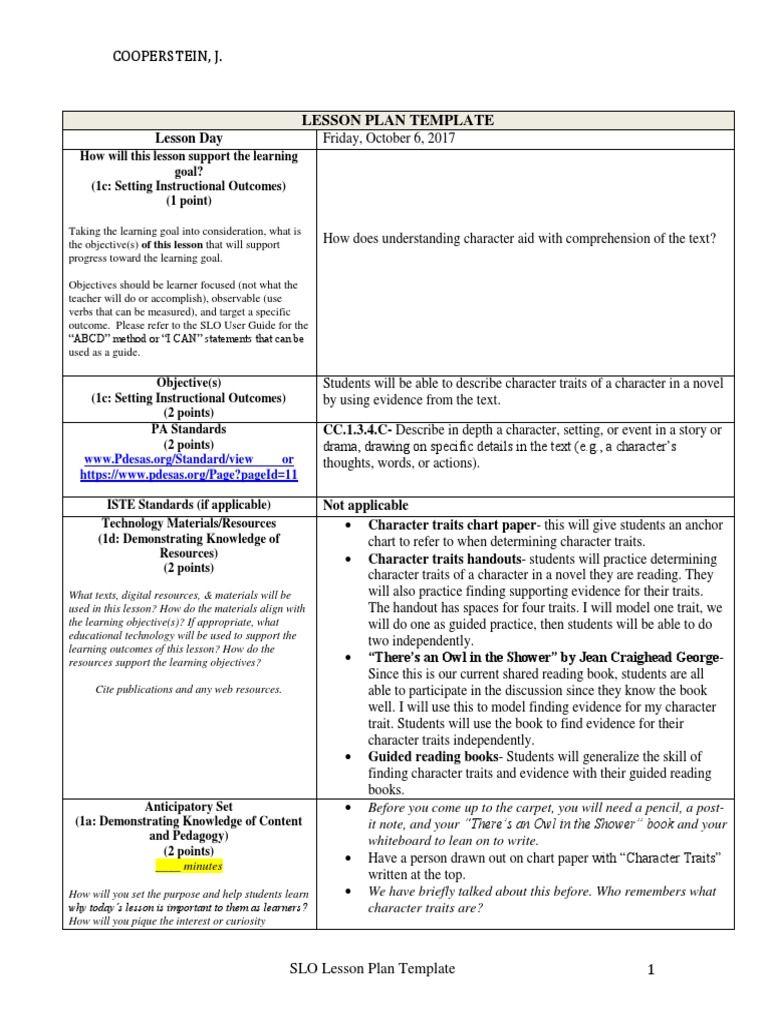 Character Traits Lesson Plan | PDF | Individualized Education Program ...