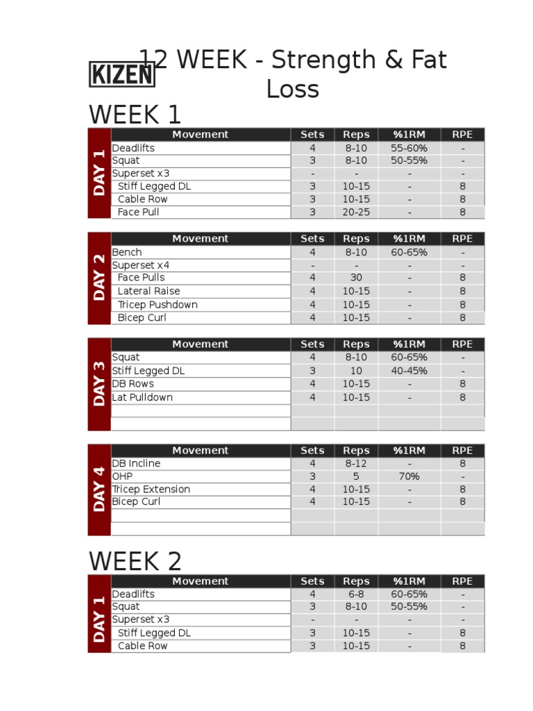 Kizen Training 12 Week Strength and Fat Loss Program | PDF | Aerobic ...