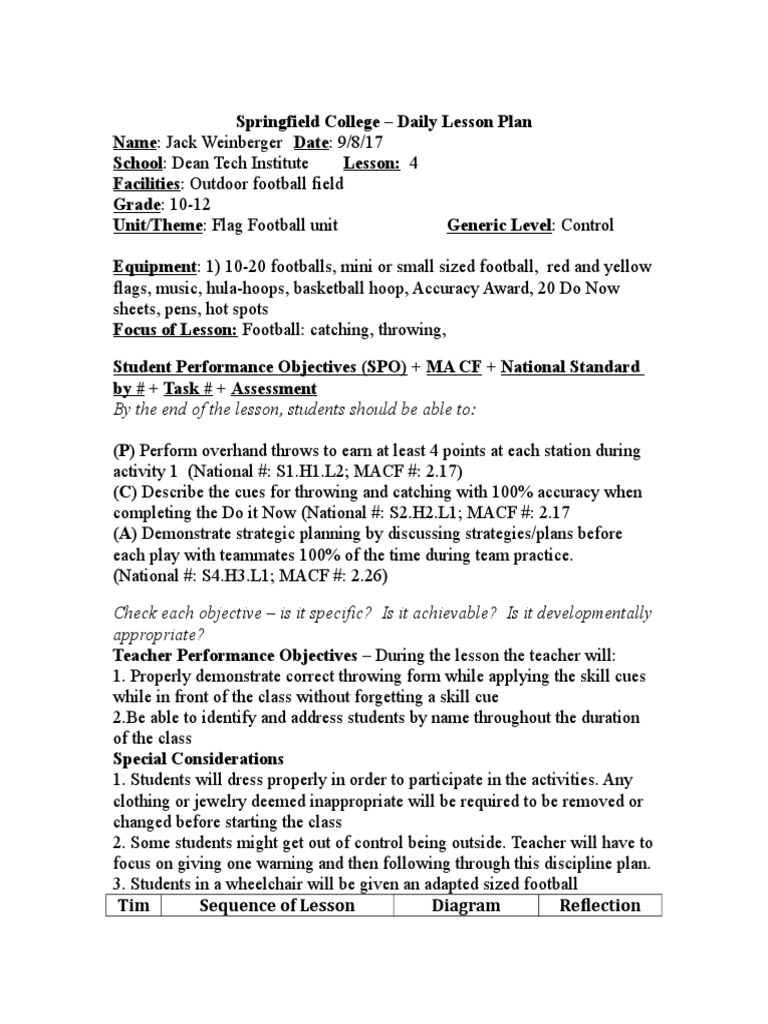 Flag Football Lesson Plan for Grades 10-12 | PDF | Sports Rules And ...