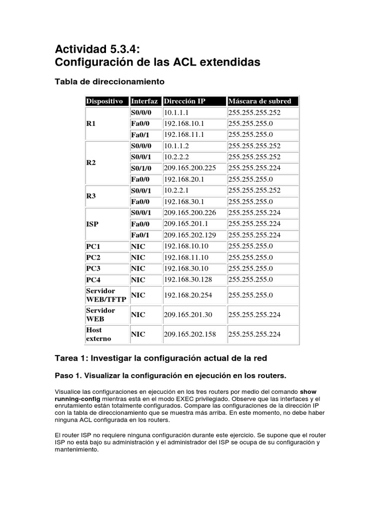 Actividad 5.3.4: Configuración de Las ACL Extendidas | PDF | Dirección IP | Enrutador (Computación)