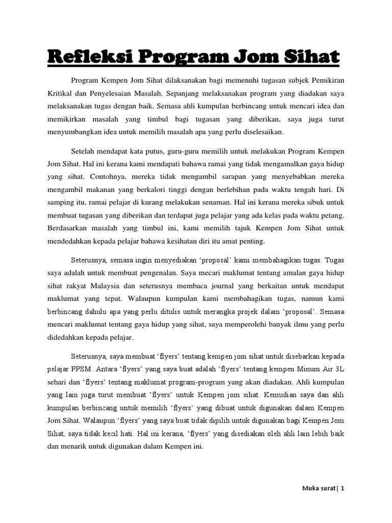 Refleksi Program Jom Sihat | PDF