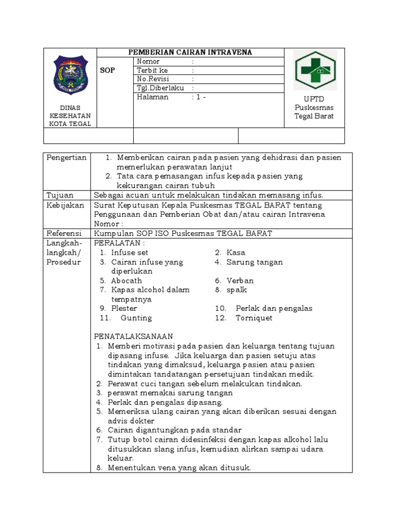 7.6.3.1.SOP Pemberian Cairan IVFD | PDF | Pengembangan Diri | Sains & Matematika