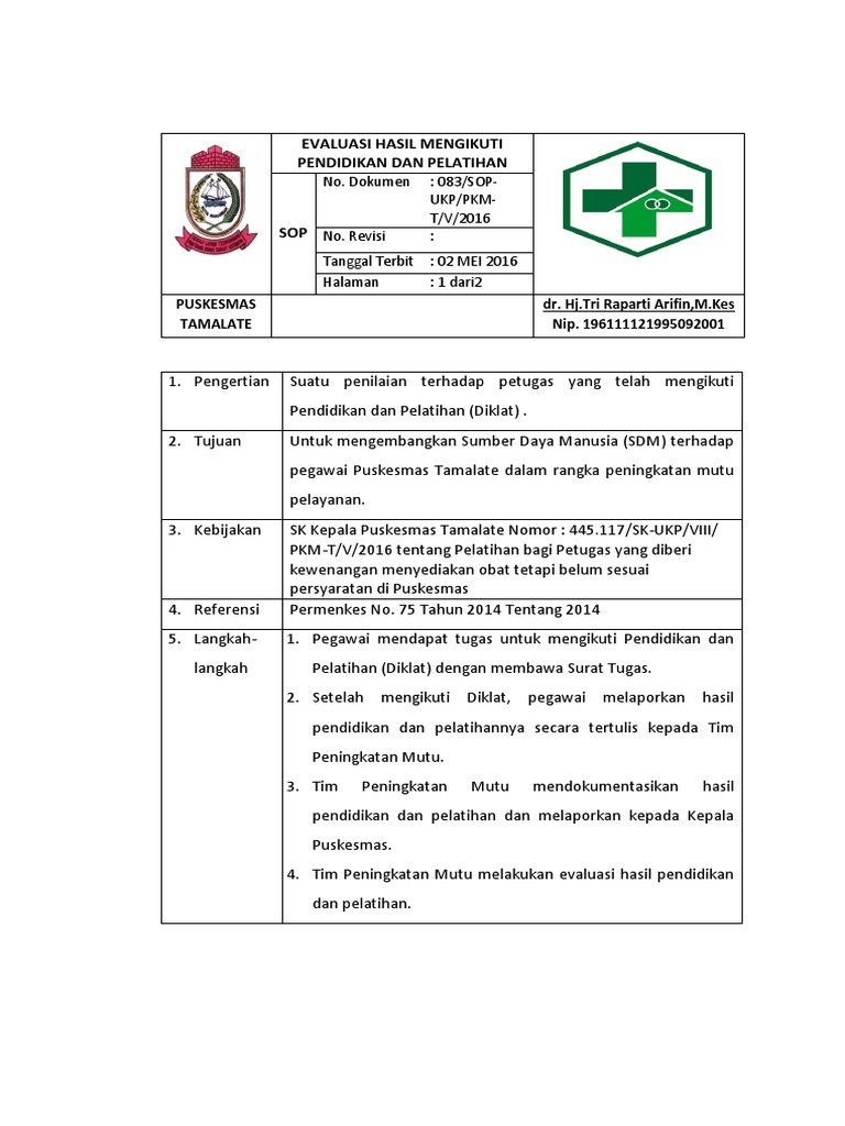 Sop Evaluasi Hasil Mengikuti Pendidikan Dan Pelatihan | PDF