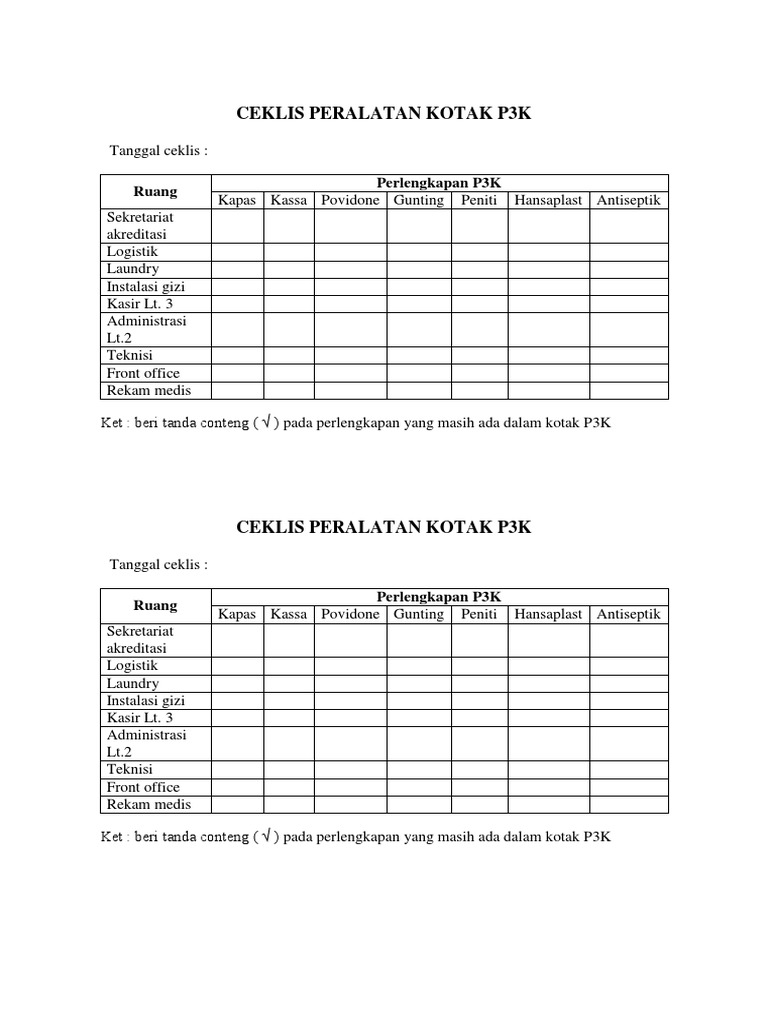 Ceklis Peralatan Kotak p3k | PDF