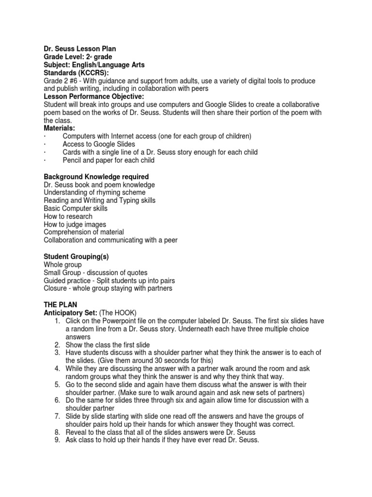 DR Seuss Lesson | Download Free PDF | Poetry | Reading Comprehension