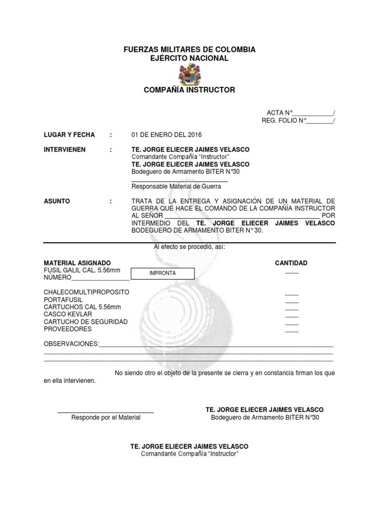 Acta de Asignacion de Armamento Individual Peloton de Instruccion | PDF