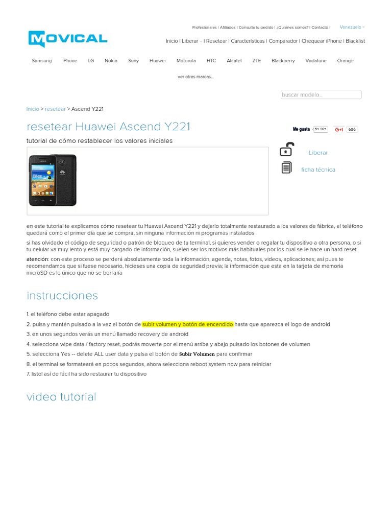 Resetear Orinoquia Huawei Ascend Y221, Hard Reset | PDF | Yo telefono ...