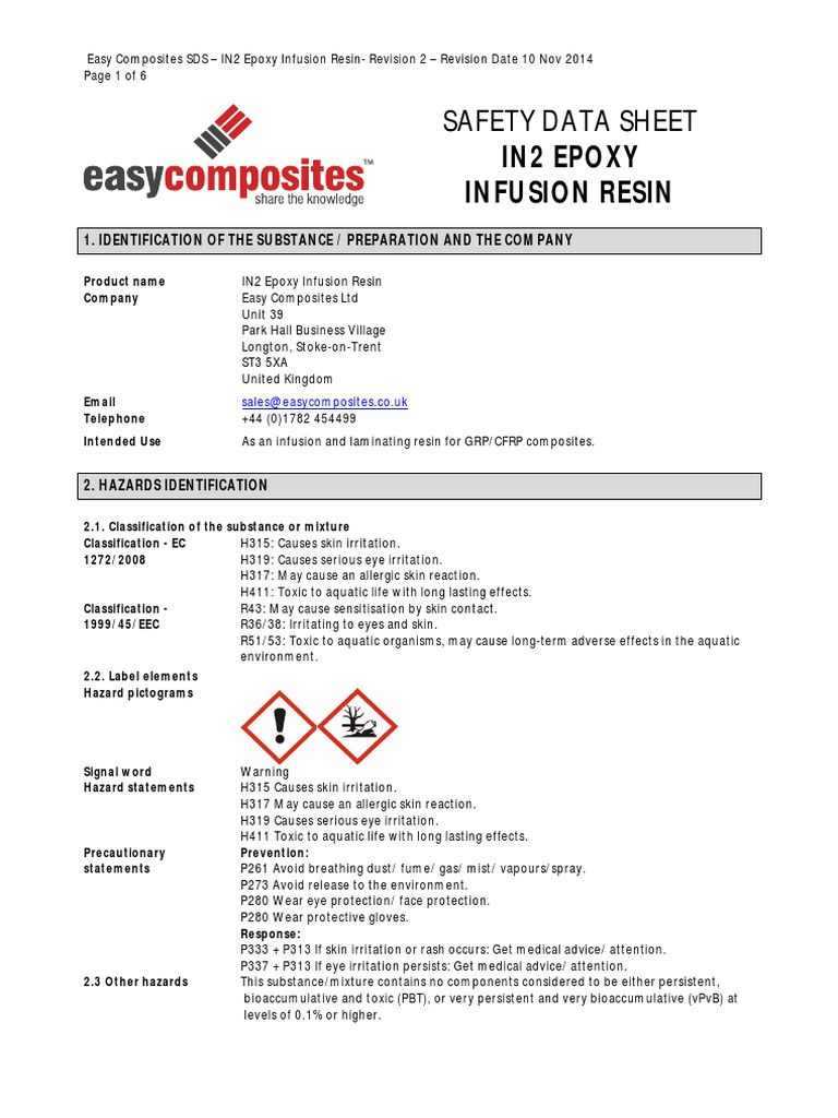 EC SDS IN2 Epoxy Infusion Resin and Hardener | PDF | Toxicity | Dangerous Goods