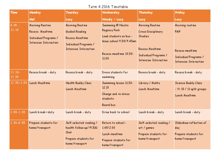 4 Term 4 Timetable | PDF | Schools | Educational Organizations