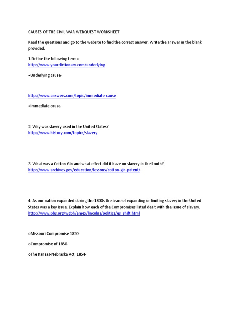 U.S. History Unit 4 Civil War Webquest | PDF | Abolitionism In The ...