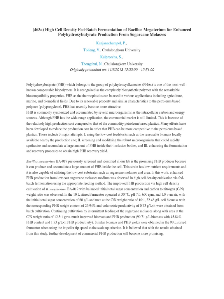 (463a) High Cell Density Fed-Batch Fermentation of Bacillus Megaterium ...
