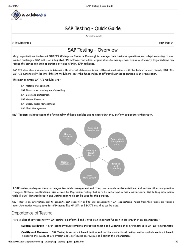 SAP Testing Quick Guide | PDF | Software Testing | Enterprise Resource ...