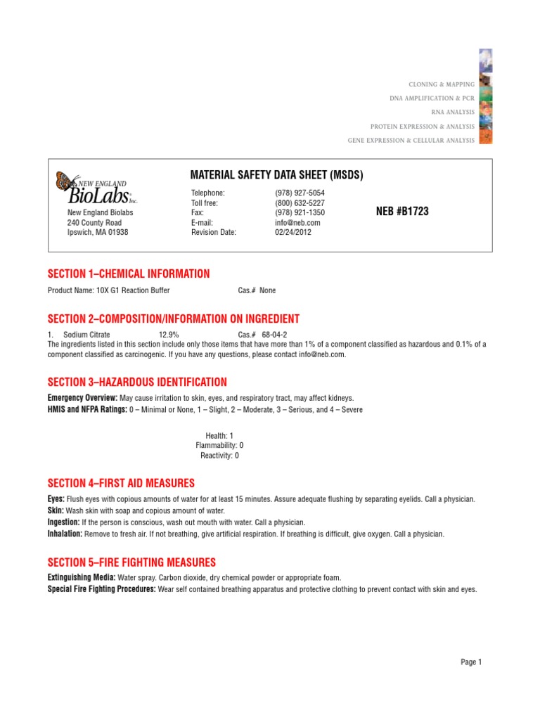 10X G1 Reaction Buffer B1723 Msds | PDF | Personal Protective Equipment | Materials