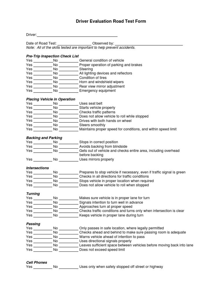 Driver Evaluation Road Test Form | PDF | Traffic | Vehicles