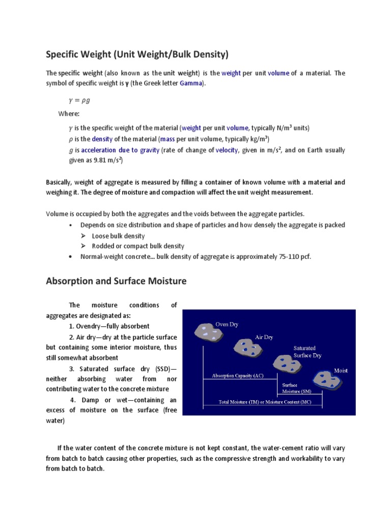 Specific Weight (Unit Weight/Bulk Density) | PDF | Density | Concrete
