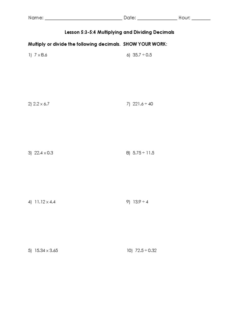 Multiplying Dividing Decimals Worksheet | PDF | Teaching Methods ...