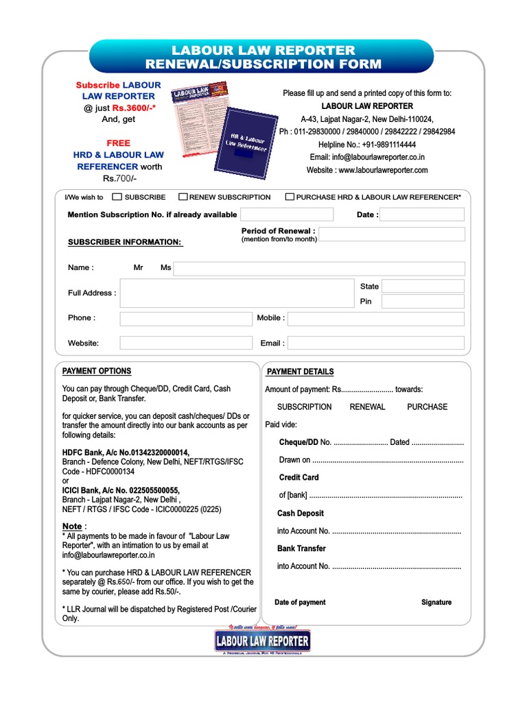 Llr Subscription Form 2018 | Cheque | Subscription Business Model