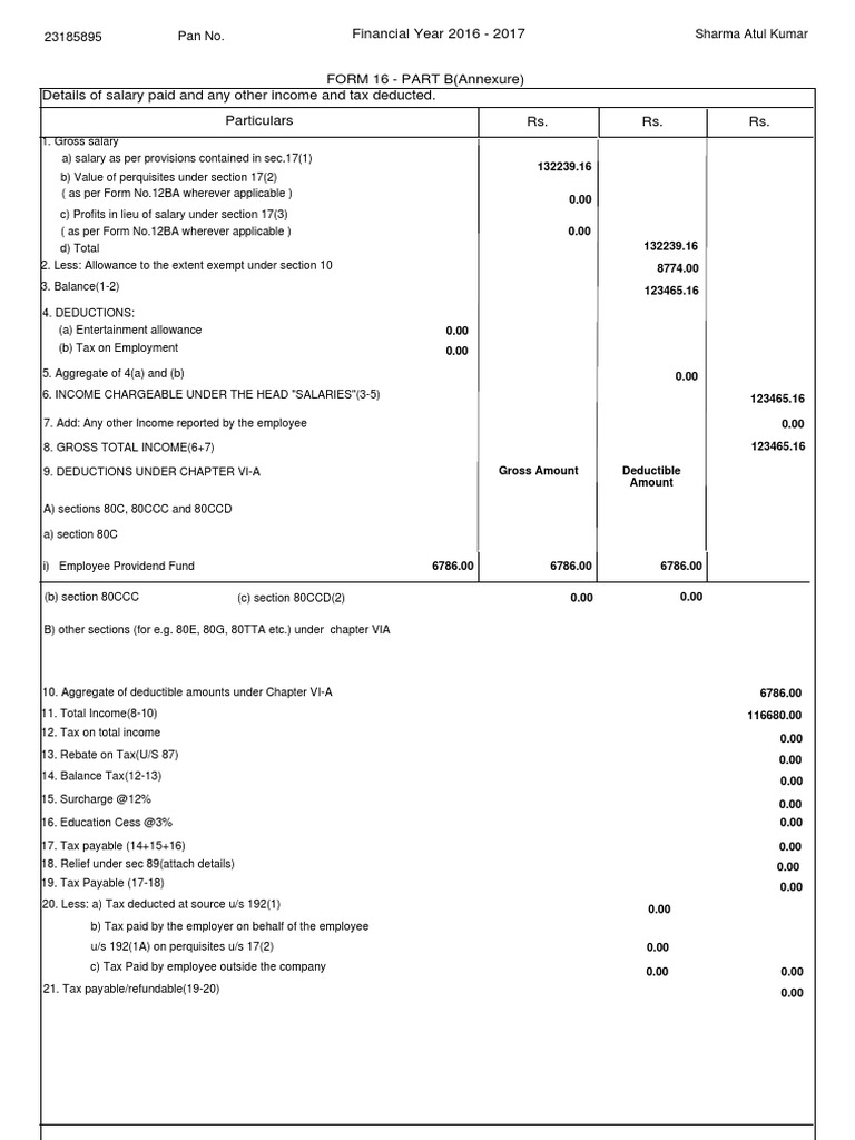 Form 16 Part B 2016-17 | PDF | Employee Benefits | Salary