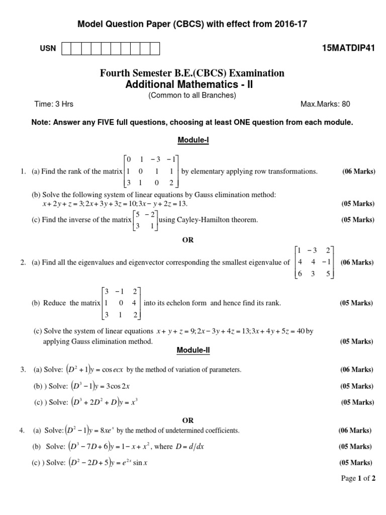 VTU Model Question Papers 2017 for Additional Mathematics II | Matrix ...