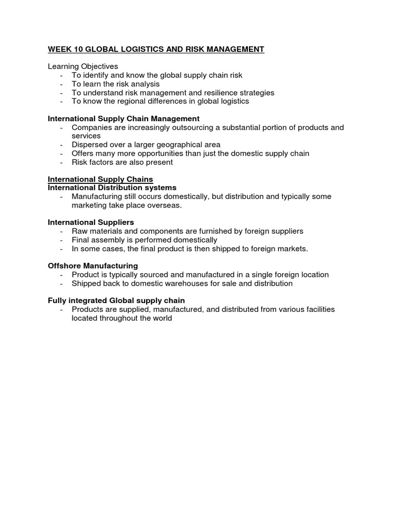 Week 10 Global Logistics and Risk Management MGMT3308 | PDF | Supply ...