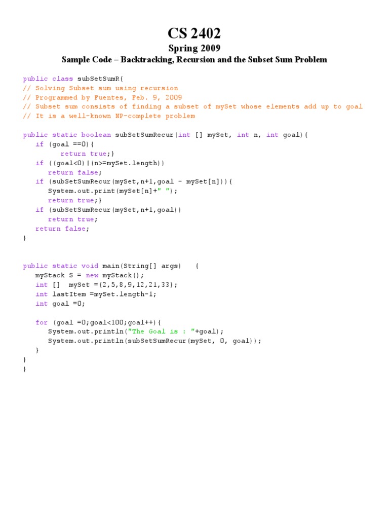 Spring 2009: Sample Code - Backtracking, Recursion and The Subset Sum ...