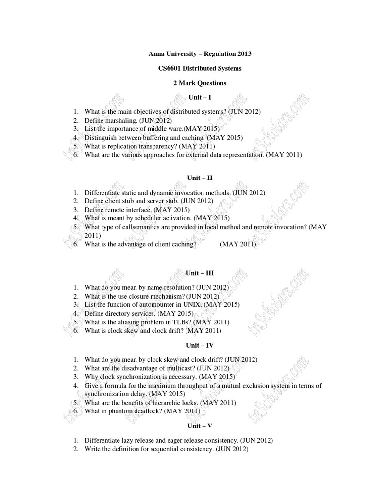 Anna University - Regulation 2013 CS6601 Distributed Systems 2 Mark Questions Unit - I | PDF
