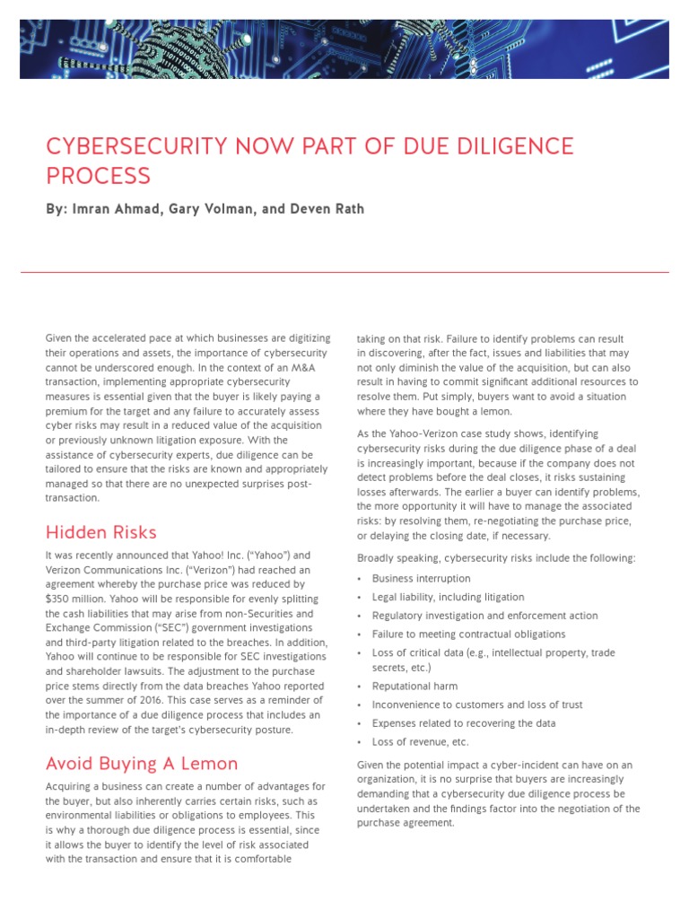Cybersecurity Now Part of Due Diligence Process: Hidden Risks | PDF ...