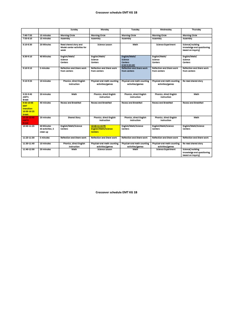 Crossover Schedule EMT KG 1B | PDF | Text | Linguistics