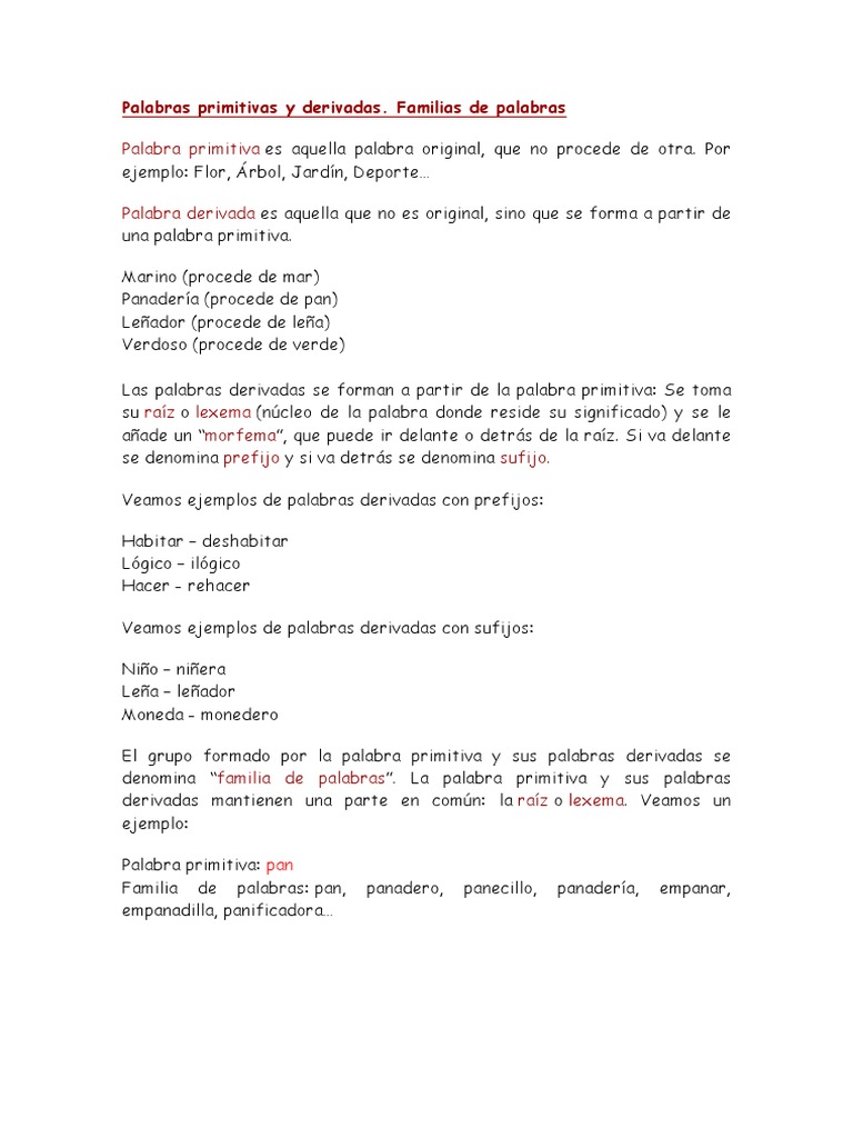 Palabras Primitivas y Derivadas Refuerzo | PDF
