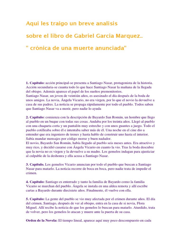 Analisis Obra Cronica de Una Muerte Anunciada | PDF | Narración ...