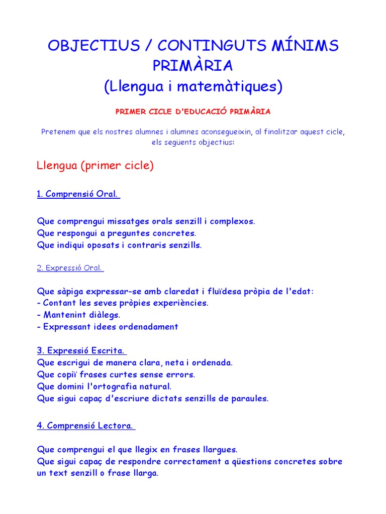 Objectius Minims Primària2 | PDF