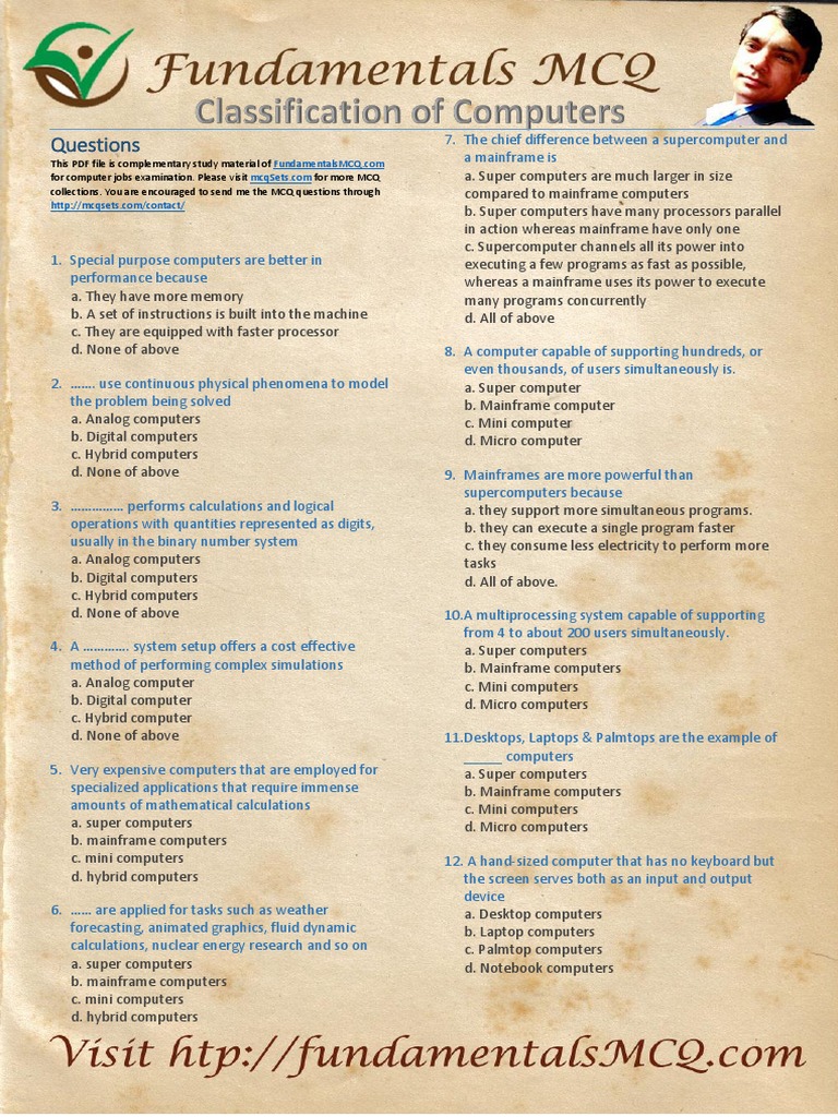 Classification of Computers MCQ | PDF | Supercomputer | Mainframe Computer