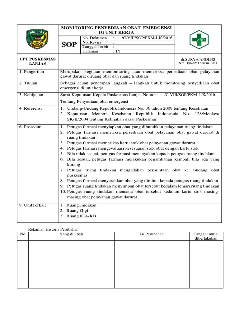 8.2.6 Ep 3 Sop Monitoring Penyediaan Obat Emergensi Di Unit Kerja | PDF