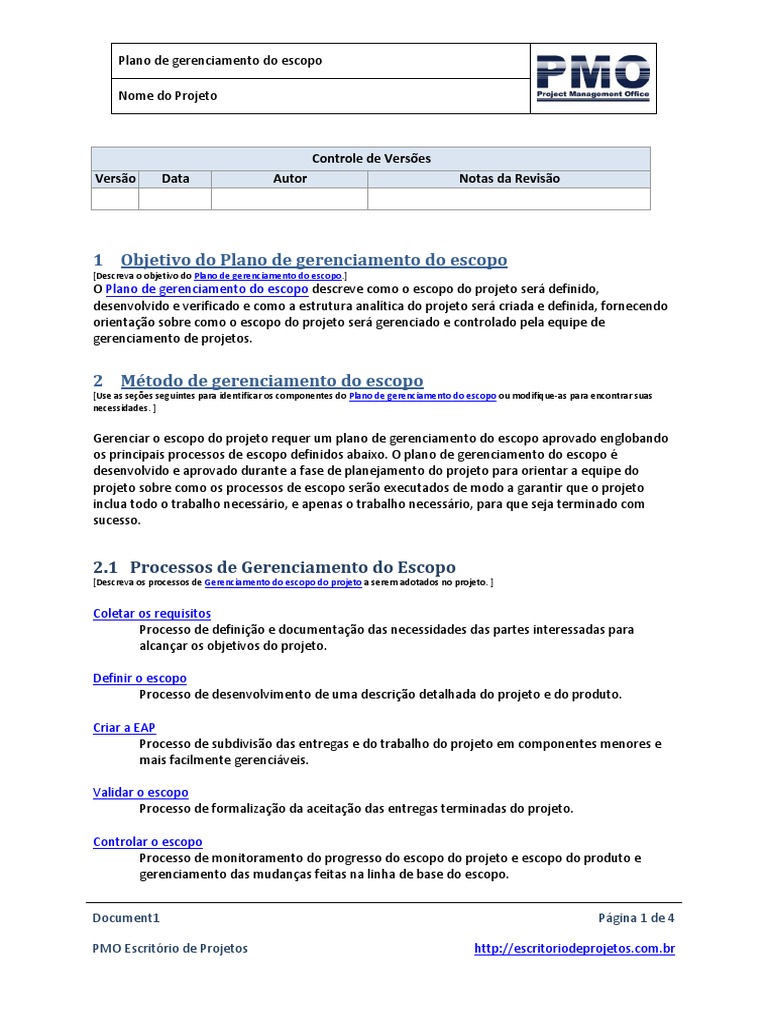 Plano de gerenciamento do escopo.docx | Projetos | Engenharia de Sistemas