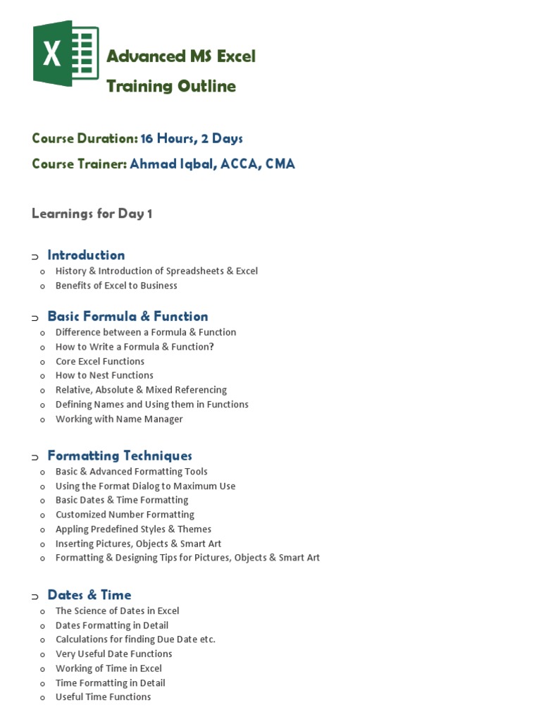 Advanced Excel Training Course Outline | PDF | Microsoft Excel ... Advanced Excel Training Course Outline | PDF | Microsoft Excel ...