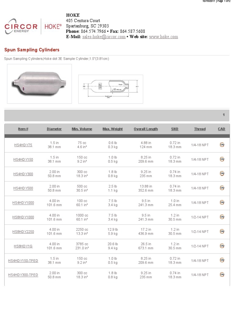 Hoke Spun Sampling Cylinders Spec Sheet | PDF