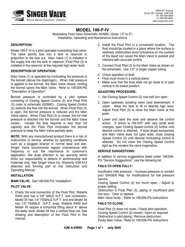 Singer Valve 106 206 F Type 4 IOM Operation Guide | PDF | Valve | Chemical Engineering